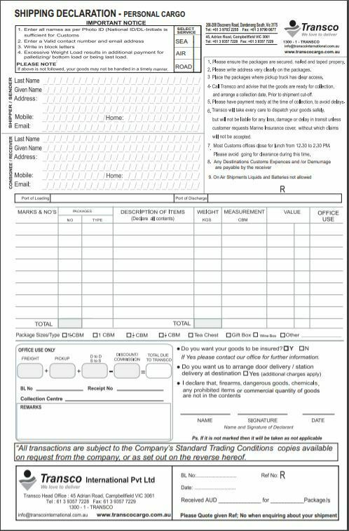 Shipping Declaration Form - Transco Cargo